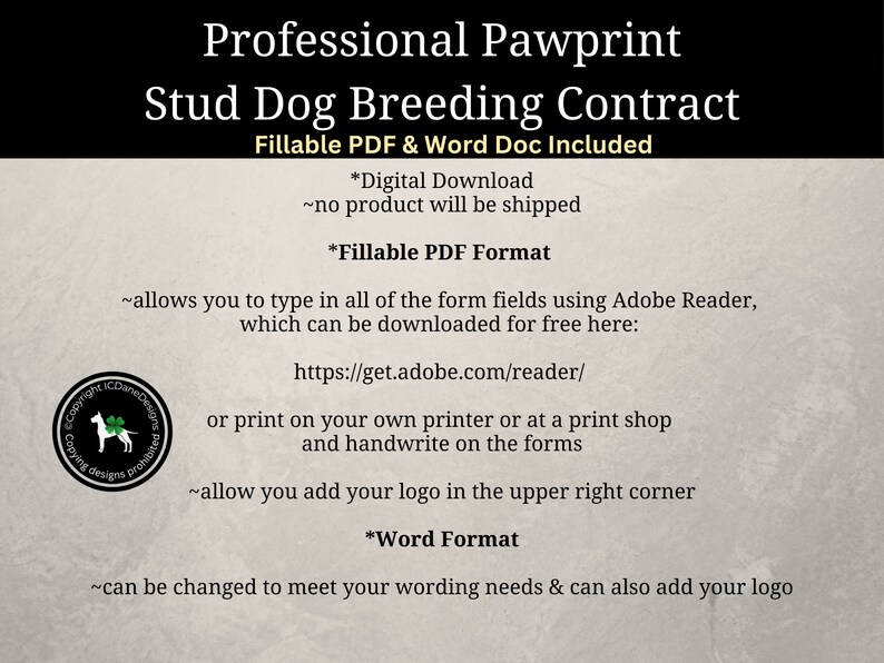 Stud Dog Breeding Contract, Fillable PDF and Word Document, Instant ...
