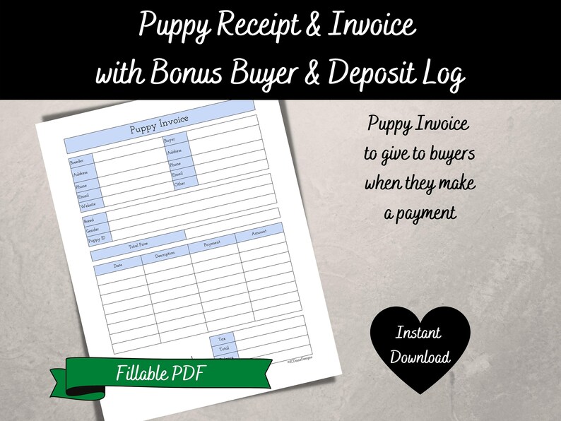 Puppy Invoice and Receipt With Bonus Buyer and Deposit Log, Breeder ...