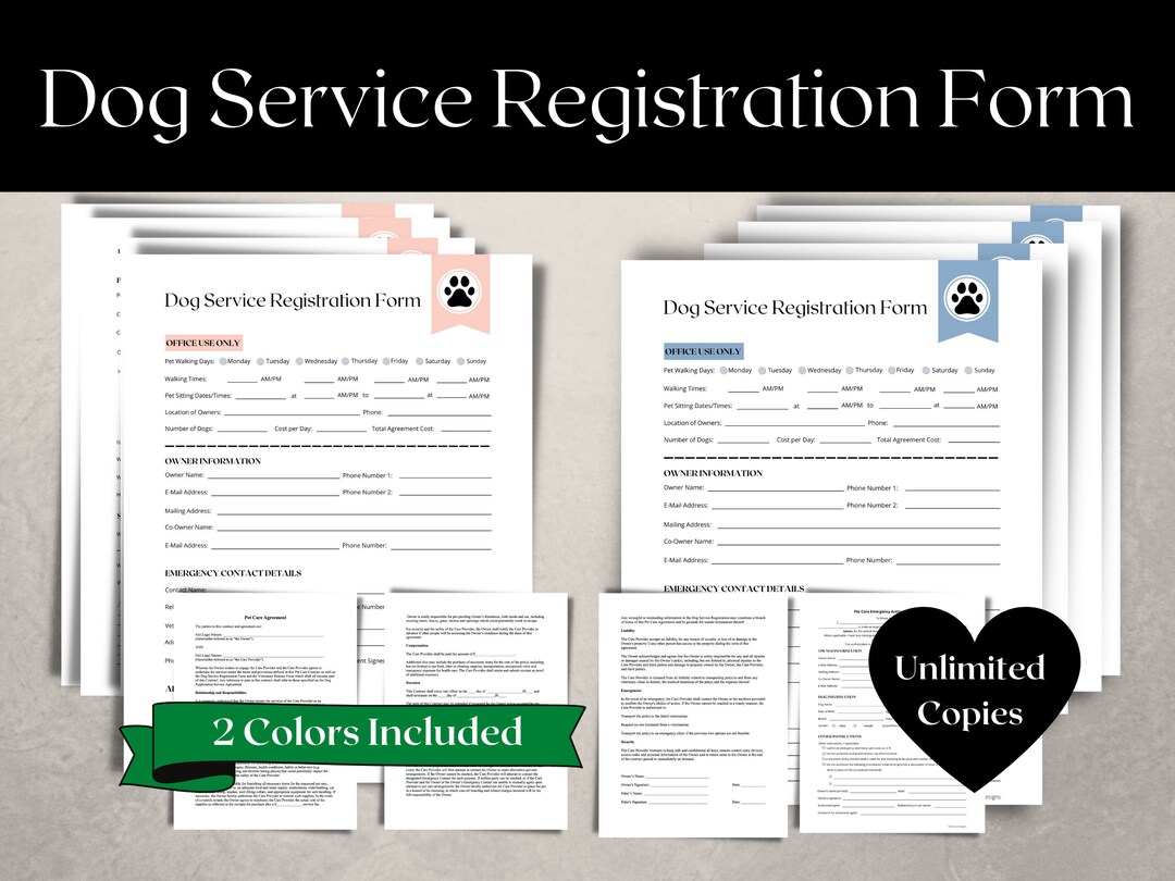 Dog Service Registration Form With Pet Care Agreement and Emergency ...