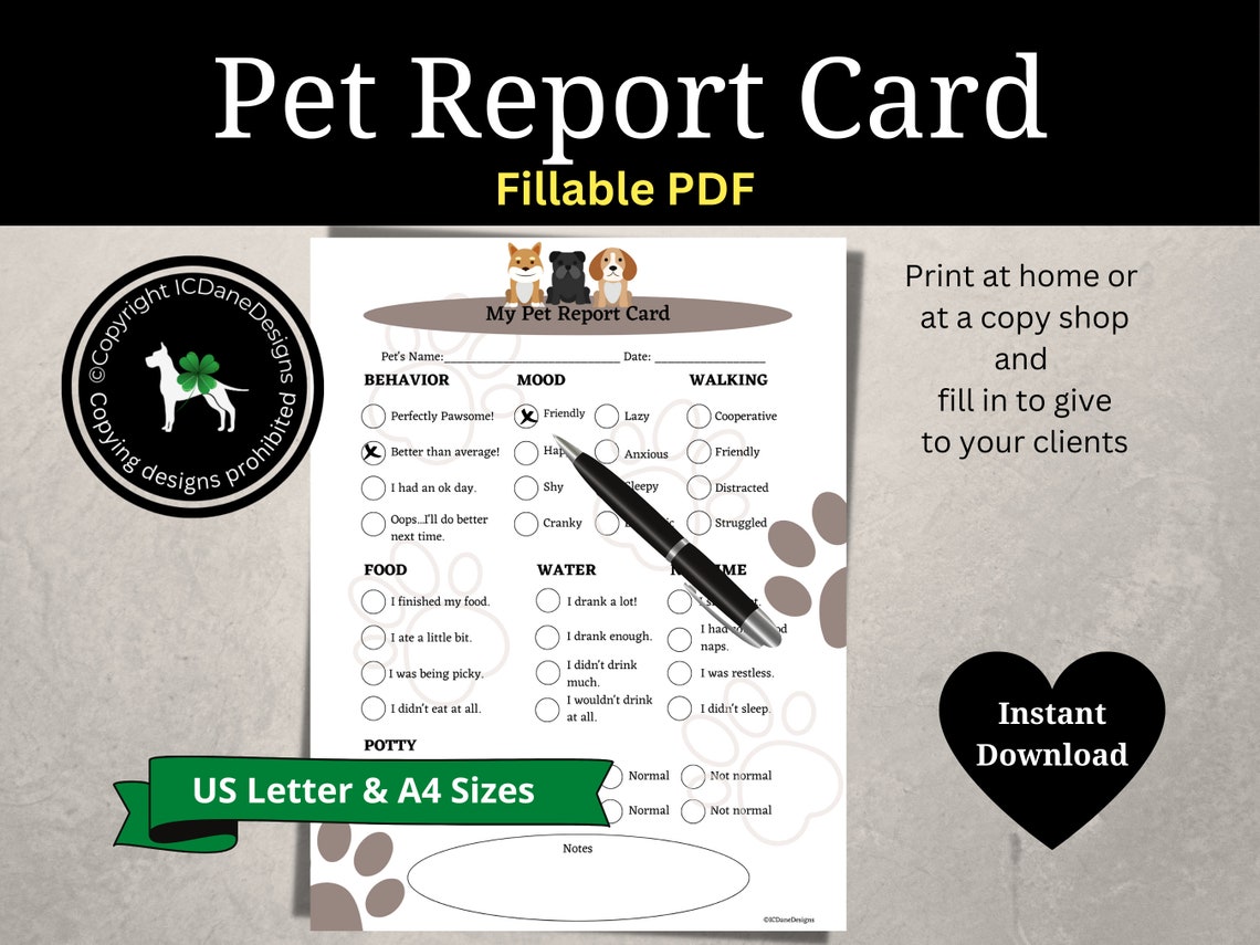 Pet Report Card Template Dog Report Card Dog Walking Report - Etsy