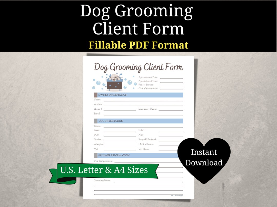 Dog Grooming Client Form, Dog Groomer Business Form, Dog Grooming ...