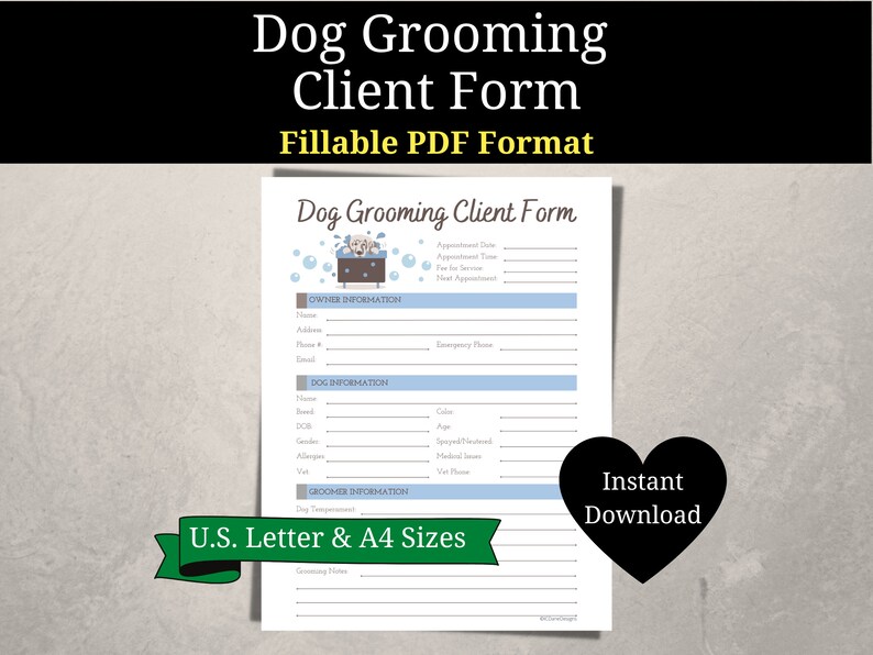 Dog Grooming Client Form, Dog Groomer Business Form, Dog Grooming ...
