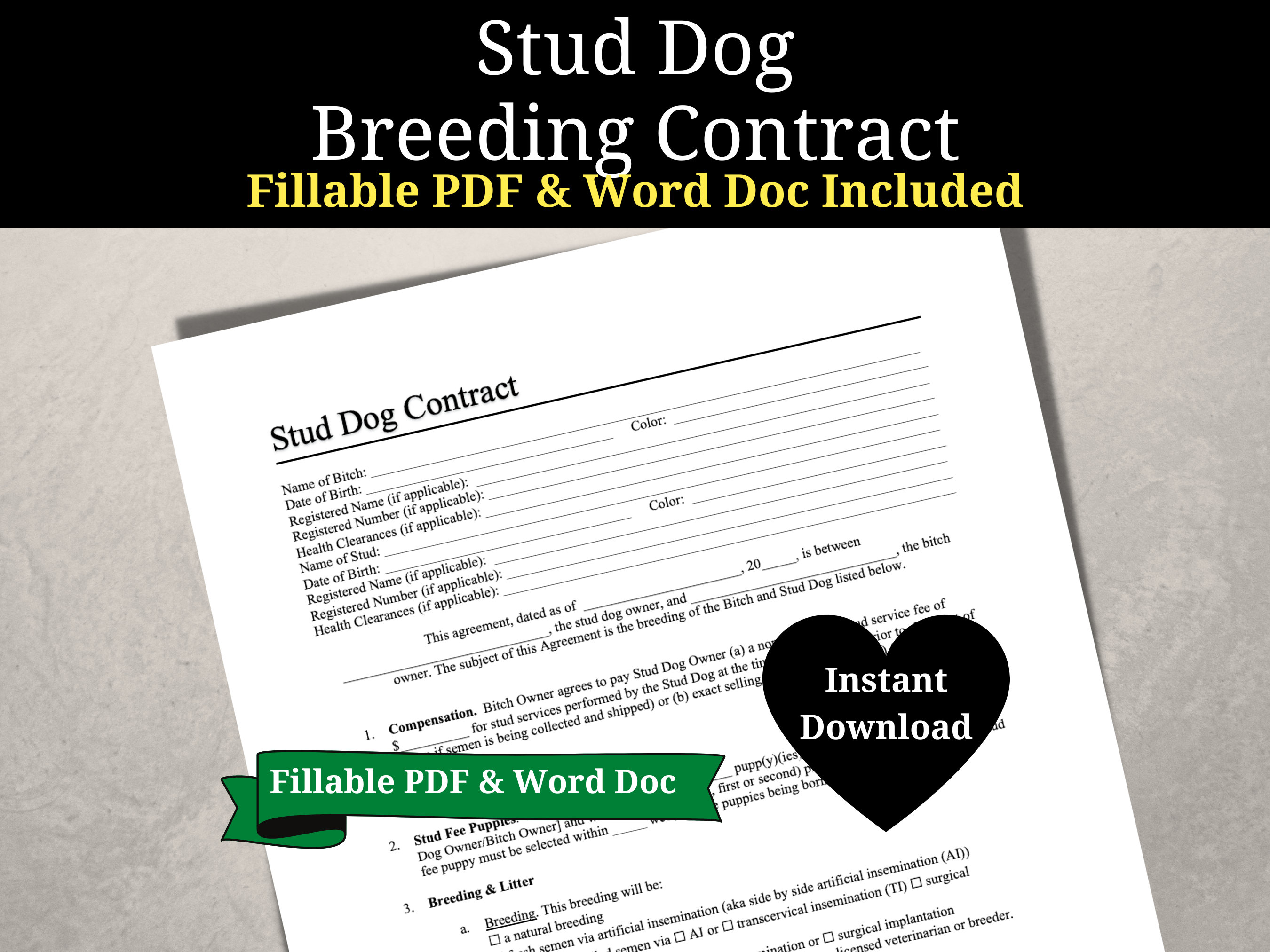 Stud Dog Owner Breeding Contract | Fillable PDF | Instant Download | 2 ...