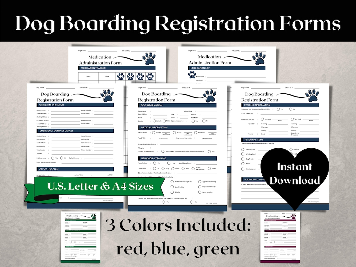 Dog Boarding Registration Forms Printable US Letter & A4 - Etsy