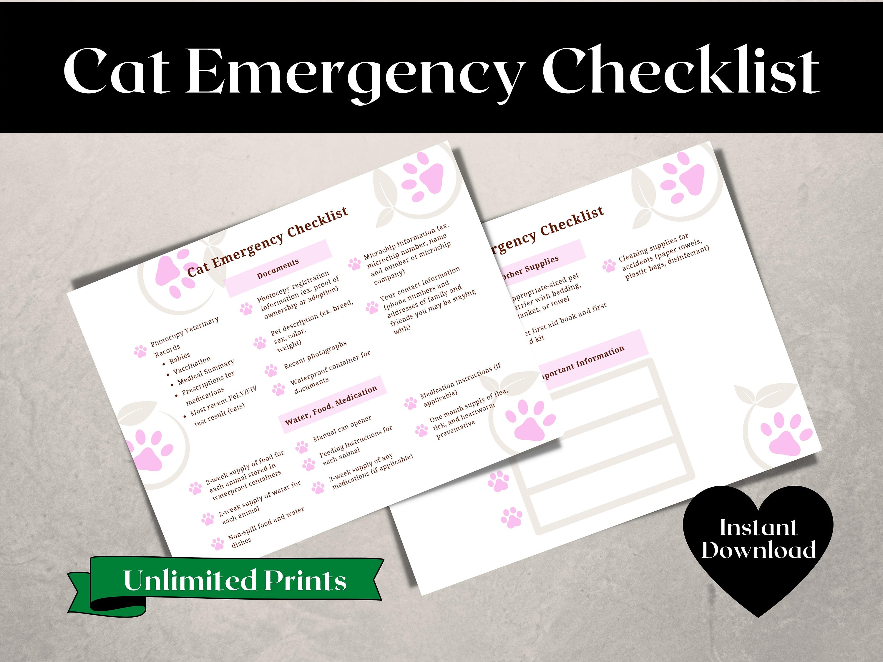 Cat Emergency Checklists, Digital Download, Printable Worksheet - Etsy