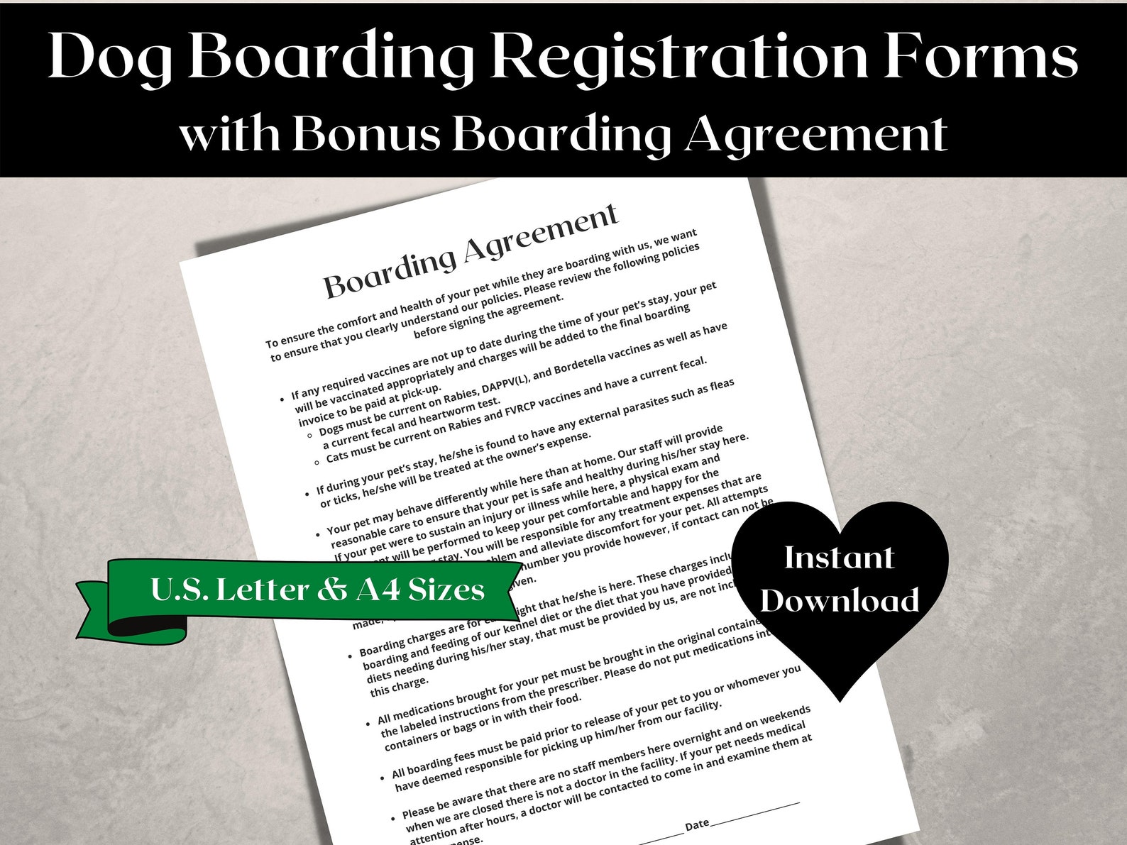 Dog Boarding Registration Forms, Printable, US Letter & A4 Sizes ...