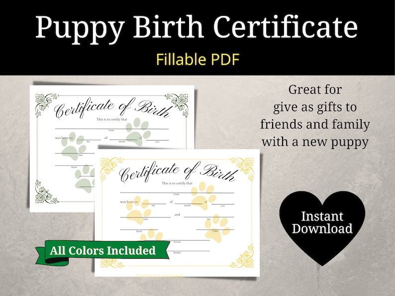 Puppy Birth Certificate, Dog Birth Certificate, Multiple Colors ...