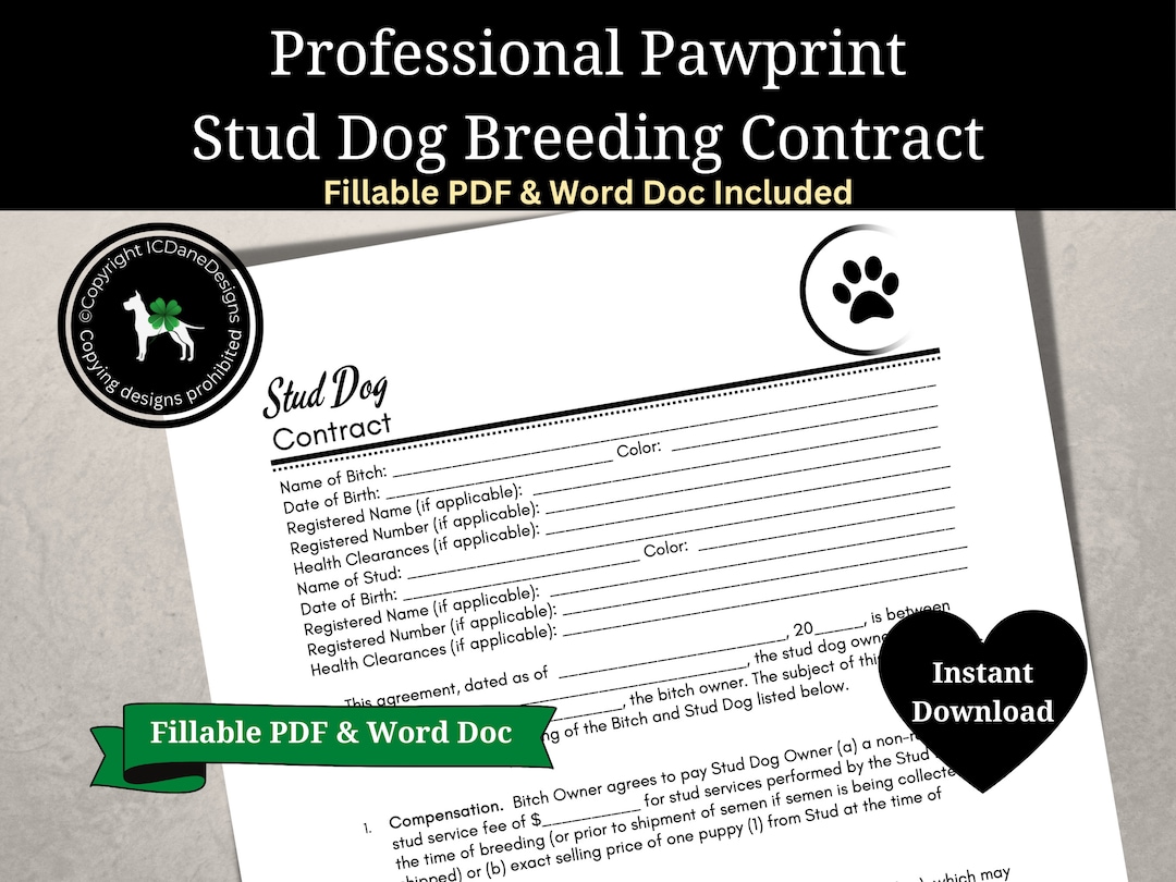 Stud Dog Breeding Contract, Fillable PDF and Word Document, Instant ...