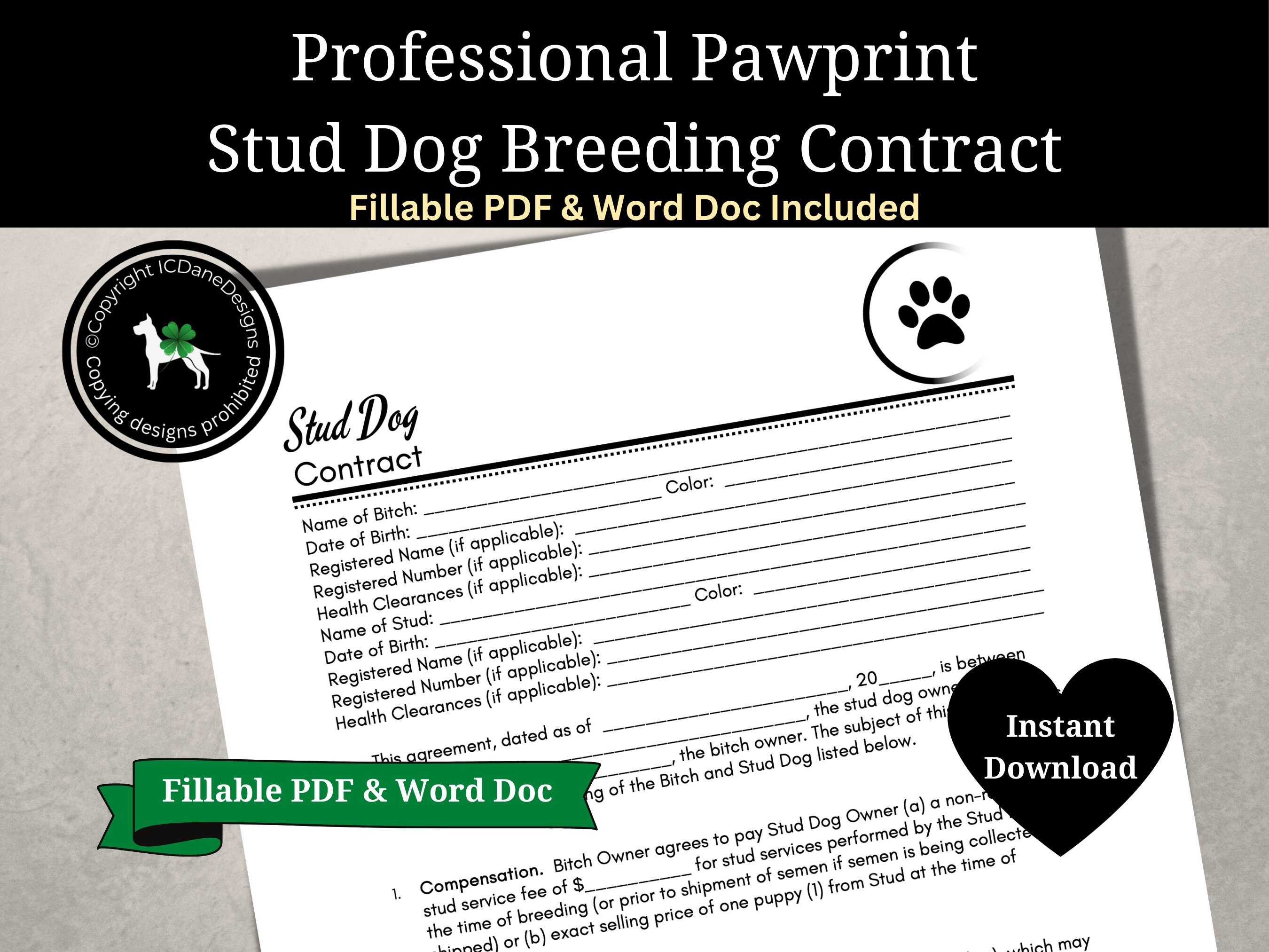 Stud Dog Breeding Contract, Fillable PDF and Word Document, Instant ...