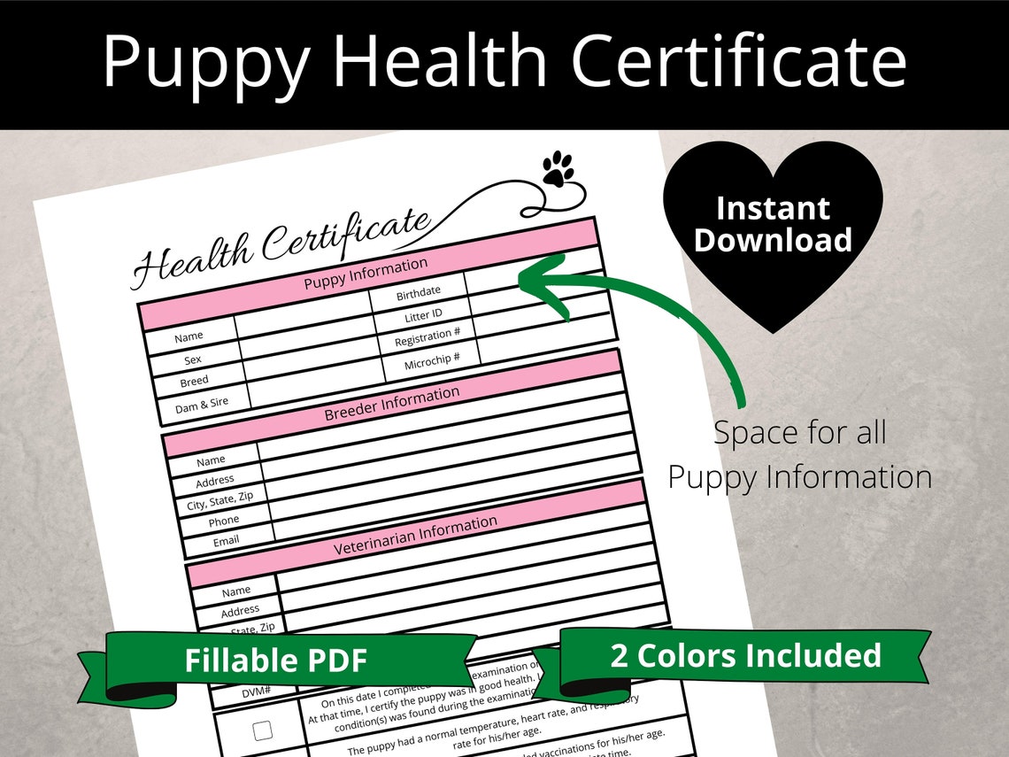 Printable Puppy Health Certificate Editable PDF Veterinarian Health ...