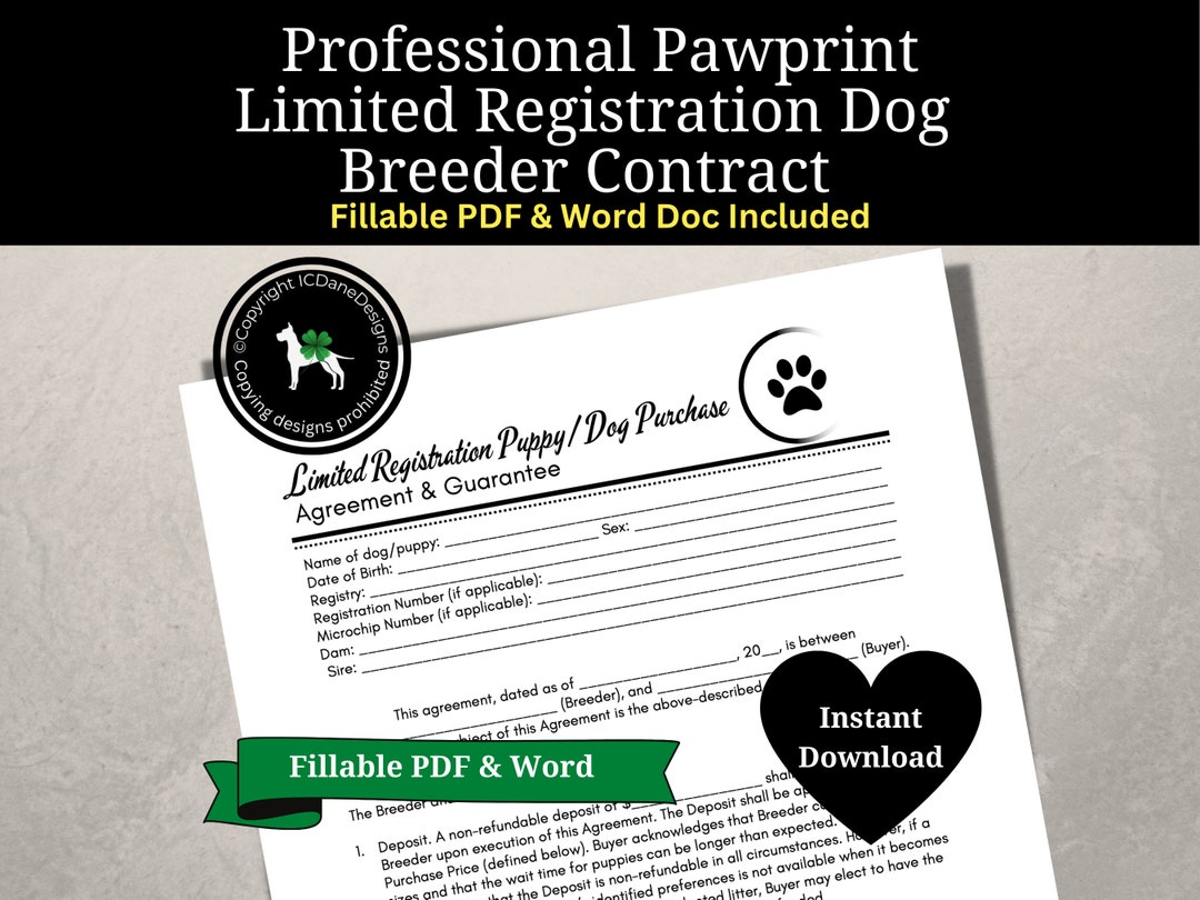 Professional Pawprint Dog Breeder Contract Limited Registration Puppy ...