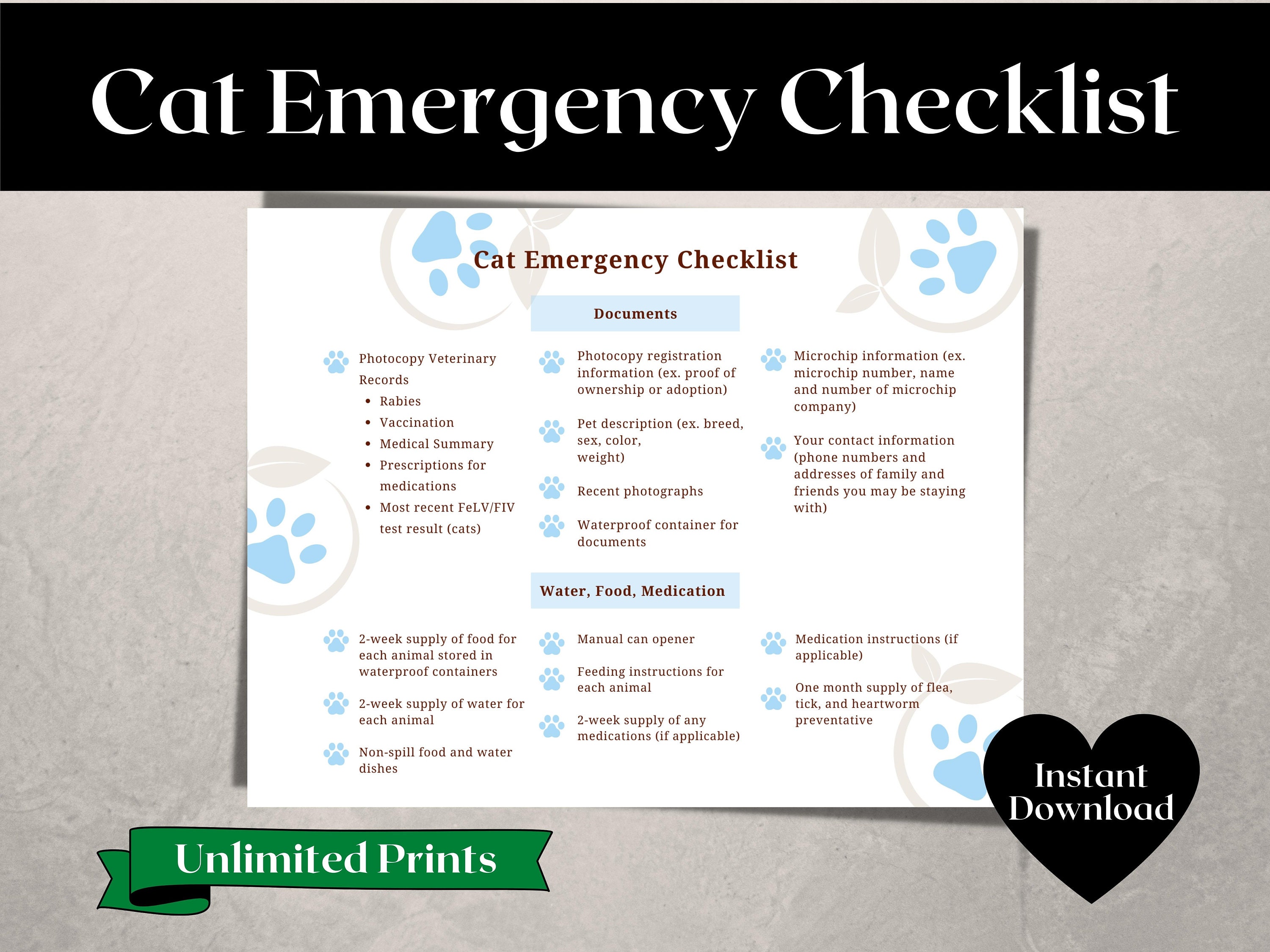 Cat Emergency Checklists, Digital Download, Printable Worksheet - Etsy