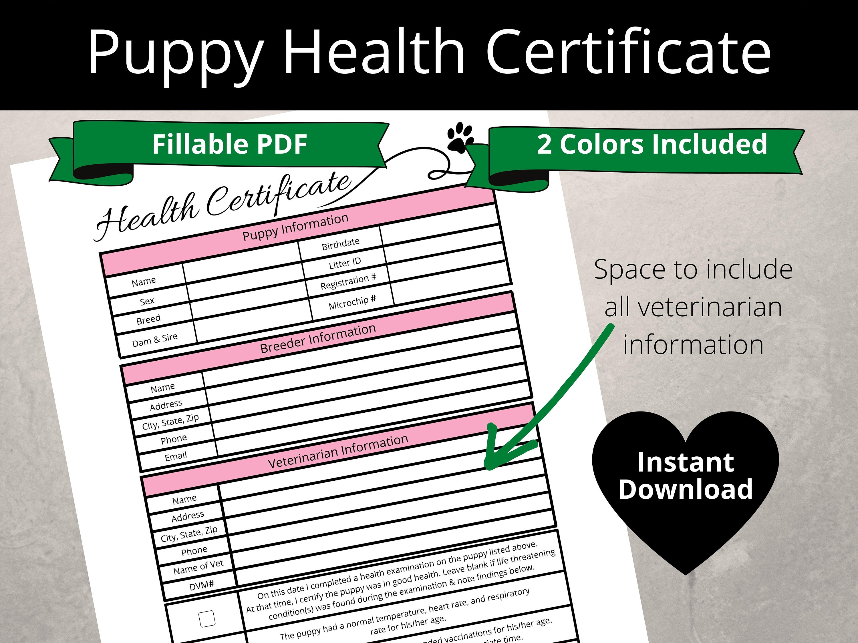Printable Puppy Health Certificate Editable PDF Veterinarian Health ...