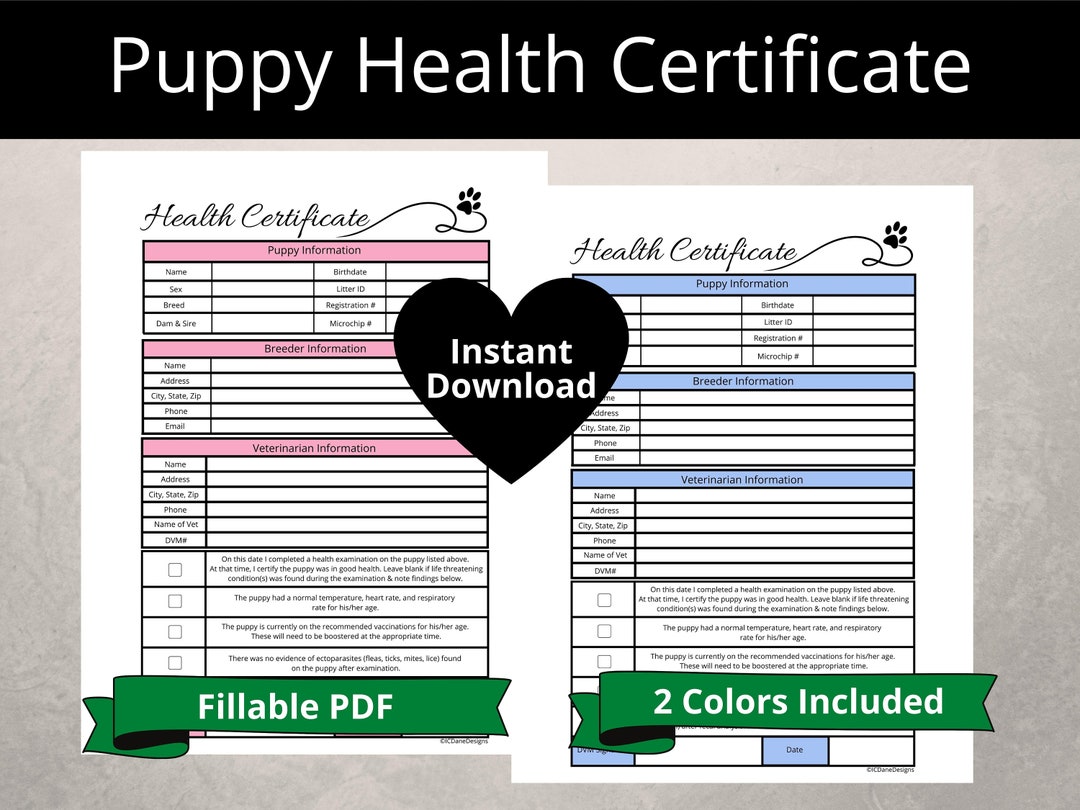 Printable Puppy Health Certificate Editable PDF Veterinarian Health ...