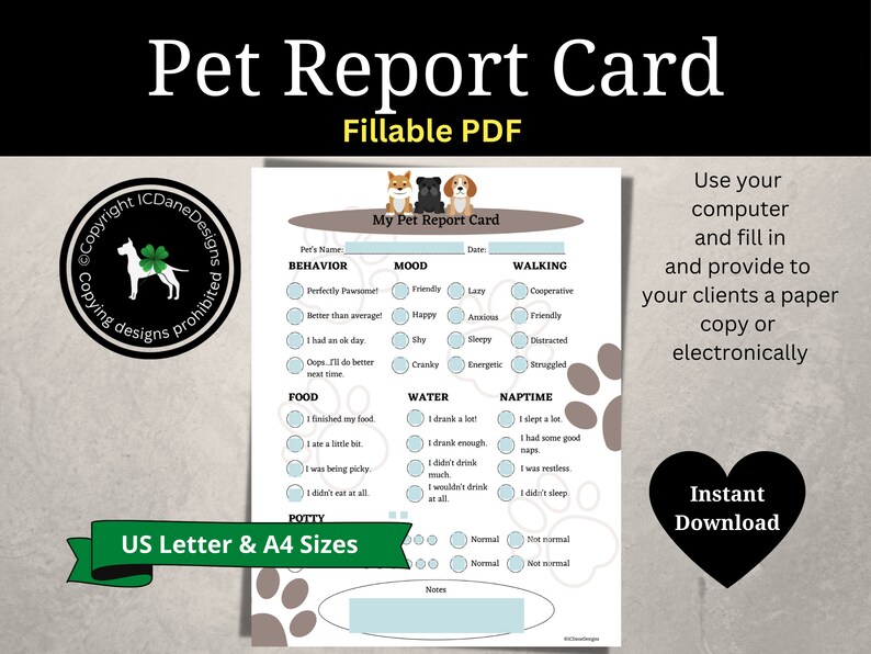 Pet Report Card Template Dog Report Card Dog Walking Report - Etsy