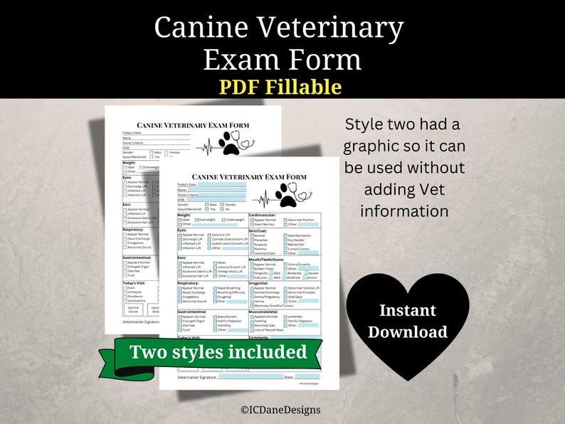 Canine Veterinary Health Exam Form, Dog Health Form, Vet Exam Form, for ...