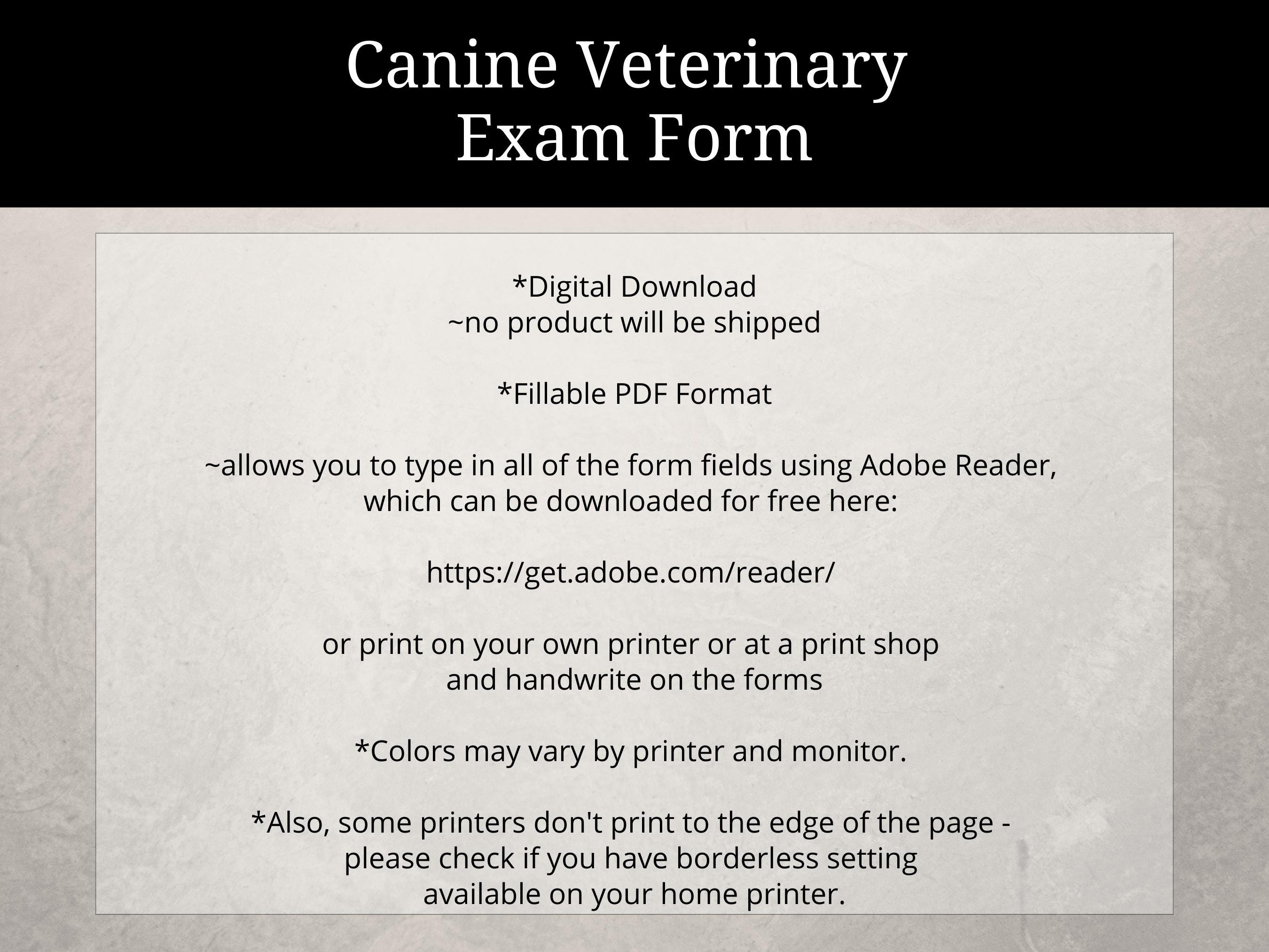 Canine Veterinary Health Exam Form, Dog Health Form, Vet Exam Form, for ...