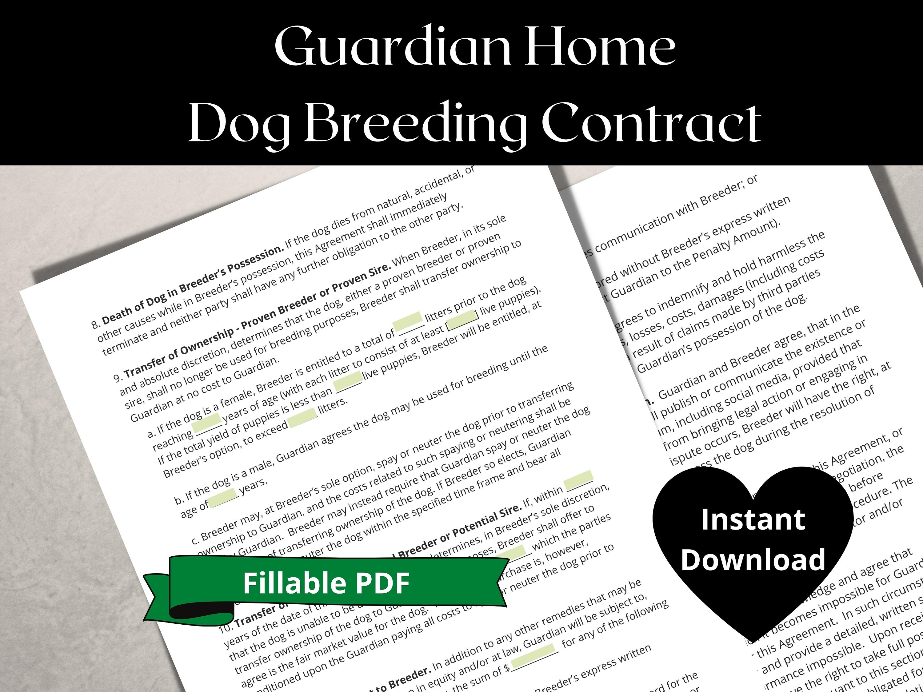 Guardian Home Dog Breeding Contract | Fillable PDF | Instant Download ...
