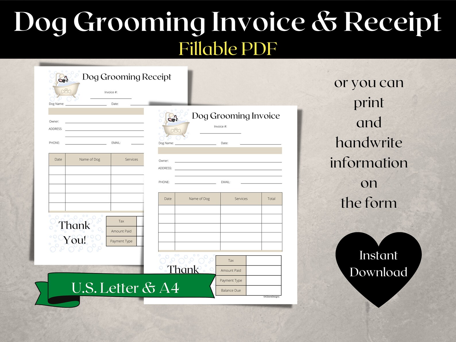 Dog Grooming Invoice and Receipt Dog Groomer Business Forms Fillable ...