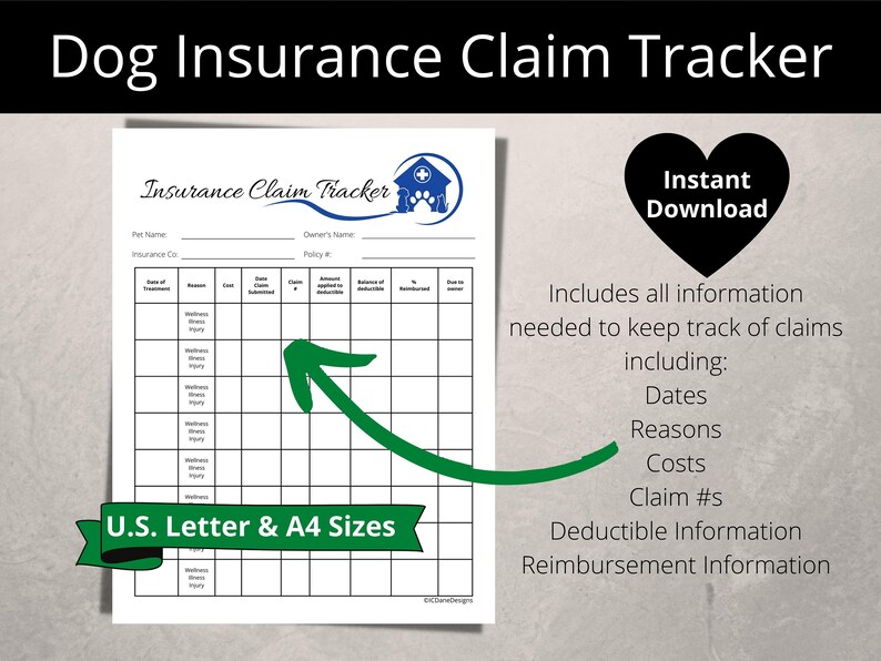 Printable Dog Insurance Claim Tracker| Puppy Insurance Log | Dog ...