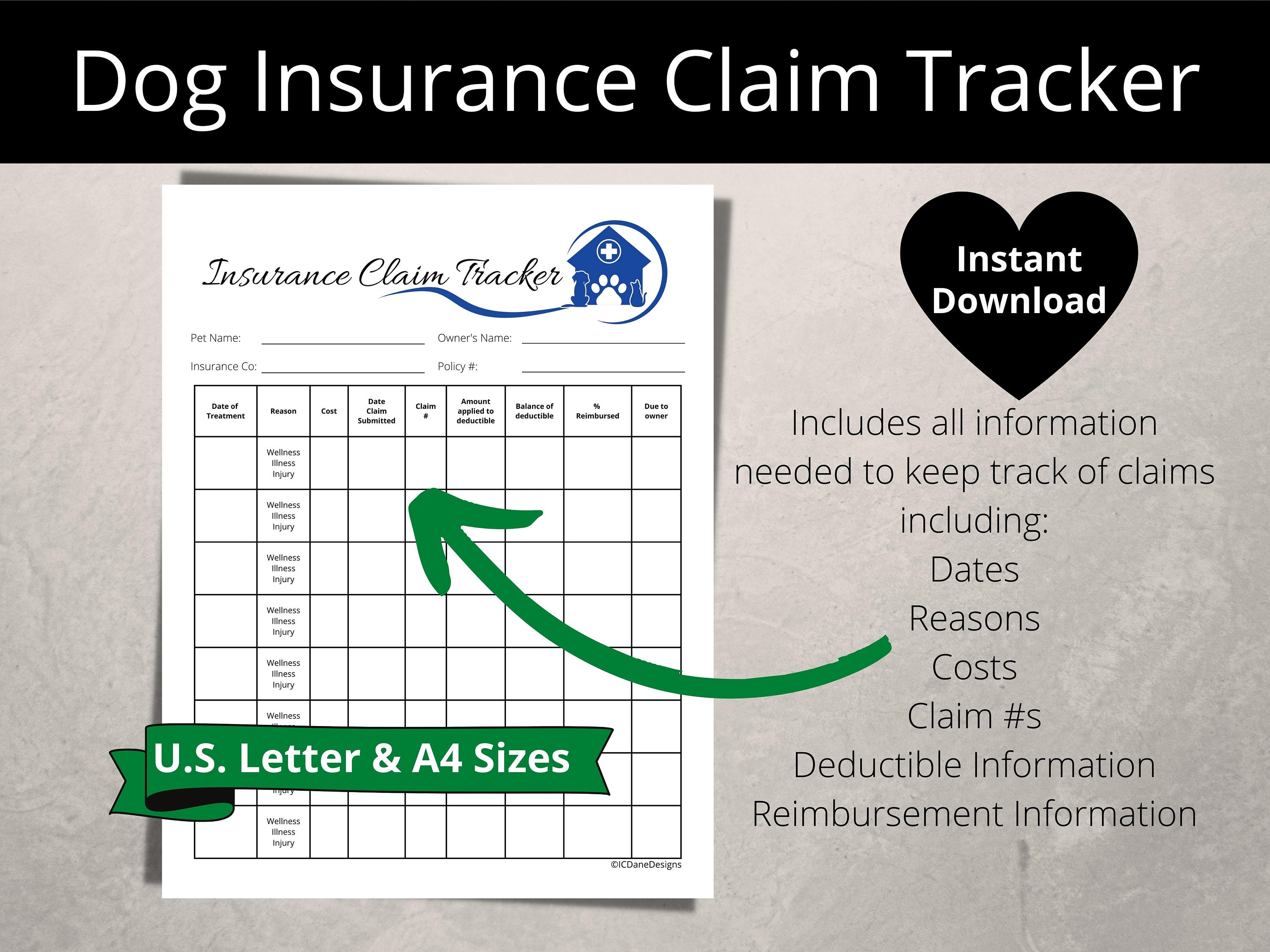 Printable Dog Insurance Claim Tracker| Puppy Insurance Log | Dog ...