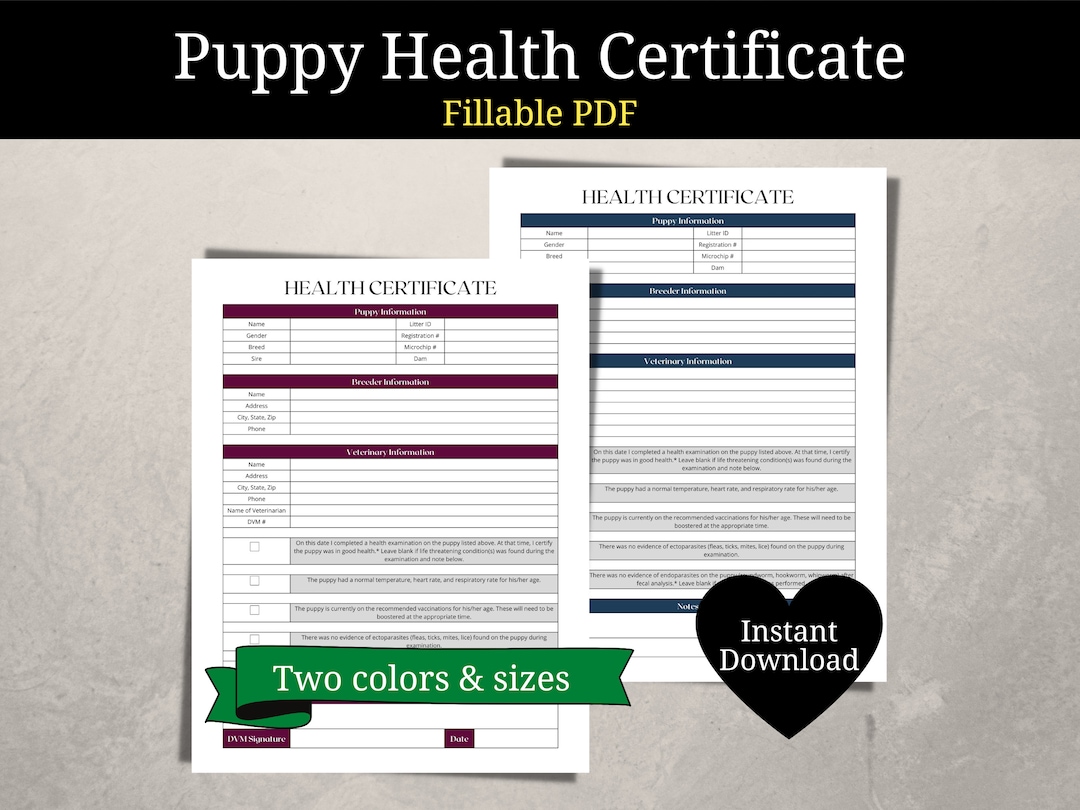 Printable Puppy Health Certificate | Editable PDF | Veterinarian Health ...