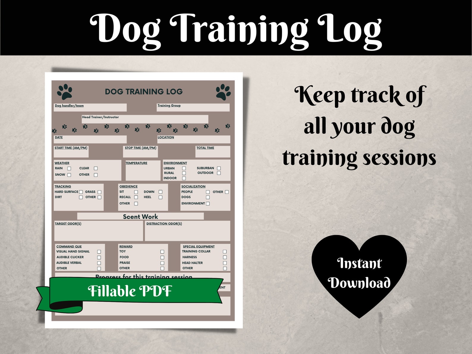 Dog Training Log, Dog Training Planner, Dog Handler Form, Training ...