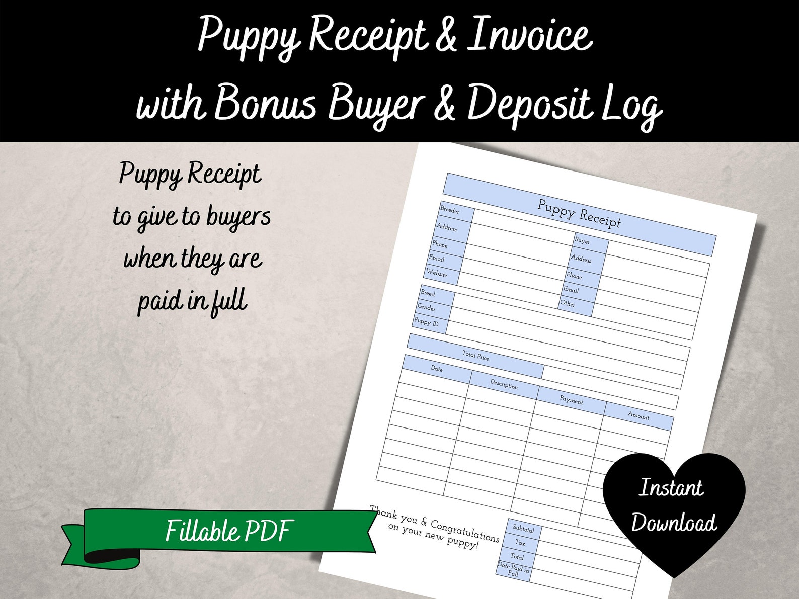 Puppy Invoice and Receipt With Bonus Buyer and Deposit Log, Breeder ...