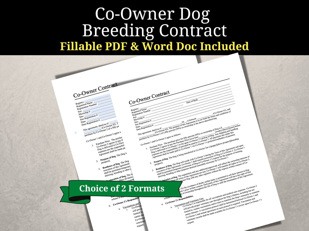 Co-owner Dog Breeder Contract, Dog Breeding Contract for Show Dogs or ...