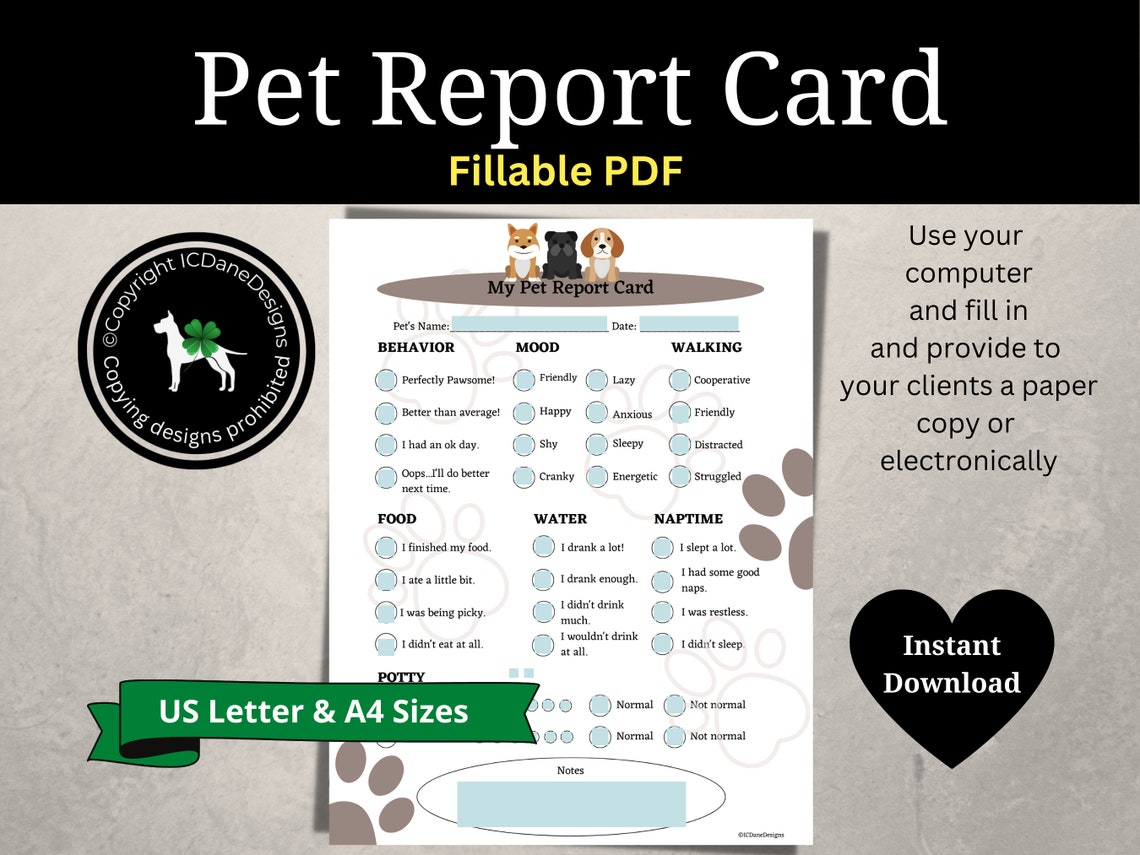 Pet Report Card Template, Dog Report Card, Dog Walking Report Form, Pet ...