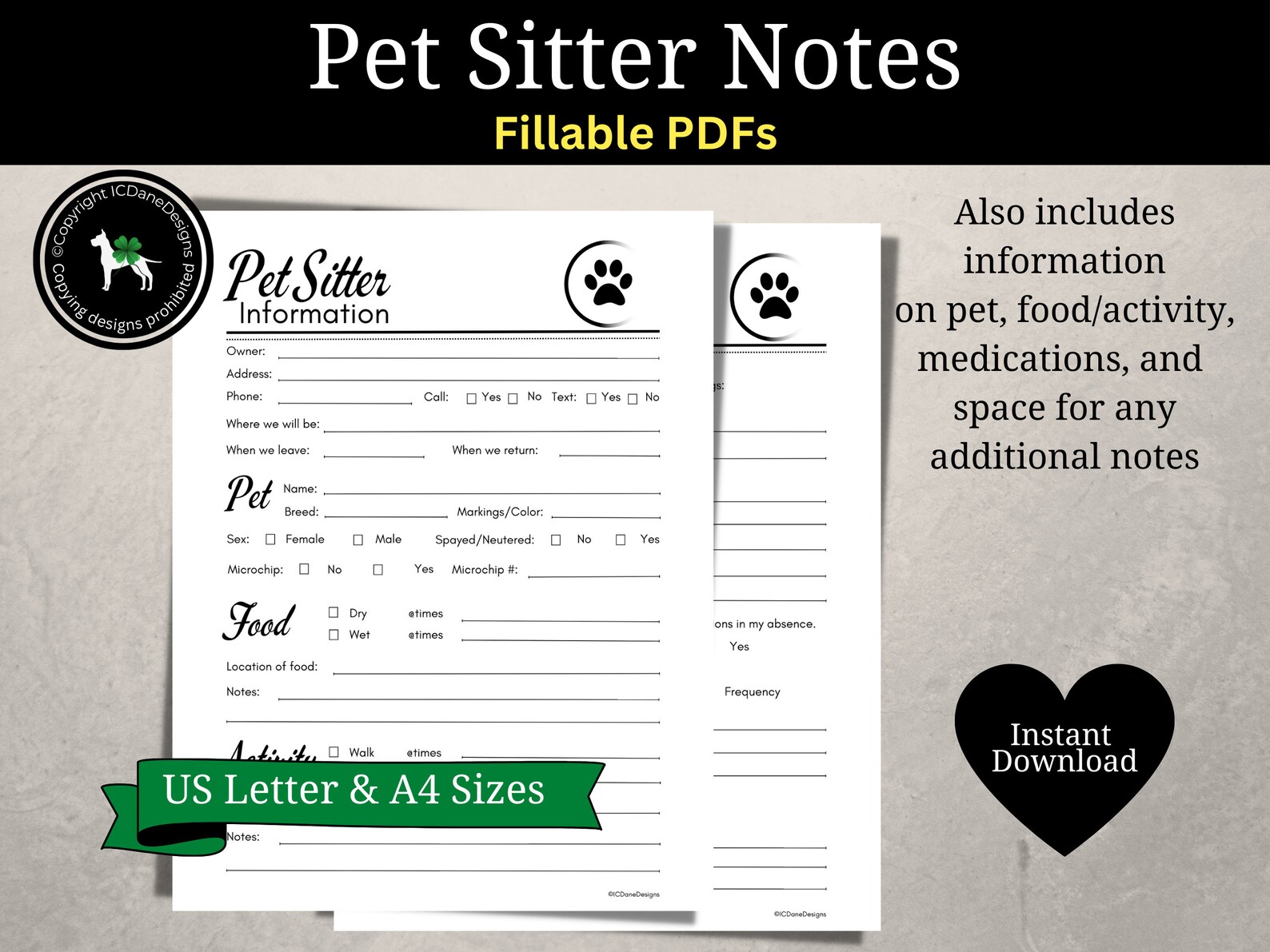 Pet Sitter Notes, Pet Sitter Instructions, Pet Sitter Forms, Pet Sitter ...