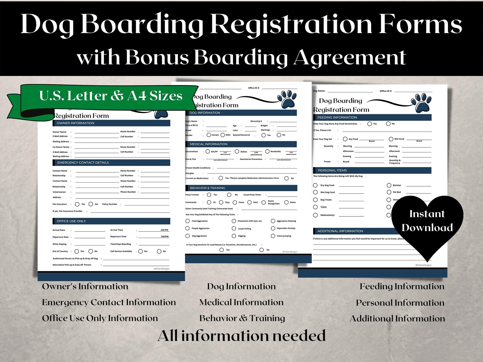 Dog Boarding Registration Forms, Printable, US Letter & A4 Sizes ...