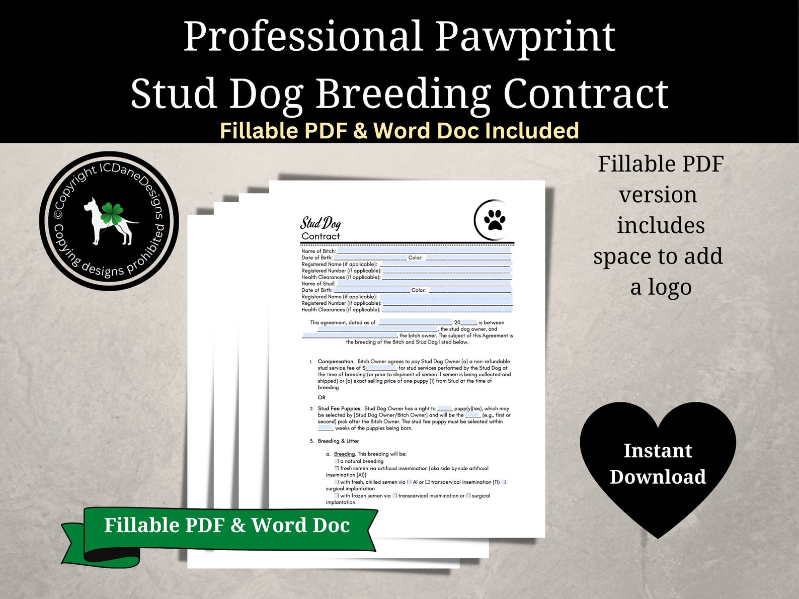 Stud Dog Breeding Contract, Fillable PDF and Word Document, Instant ...