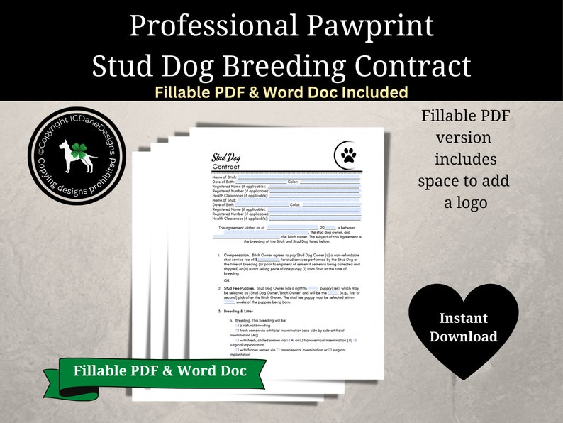 Stud Dog Breeding Contract, Fillable PDF and Word Document, Instant Download - Etsy