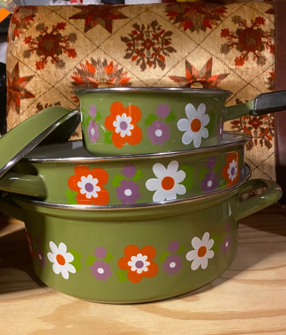 Vintage Green Enamelware Pot Retro Floral Print Enamelware - Etsy