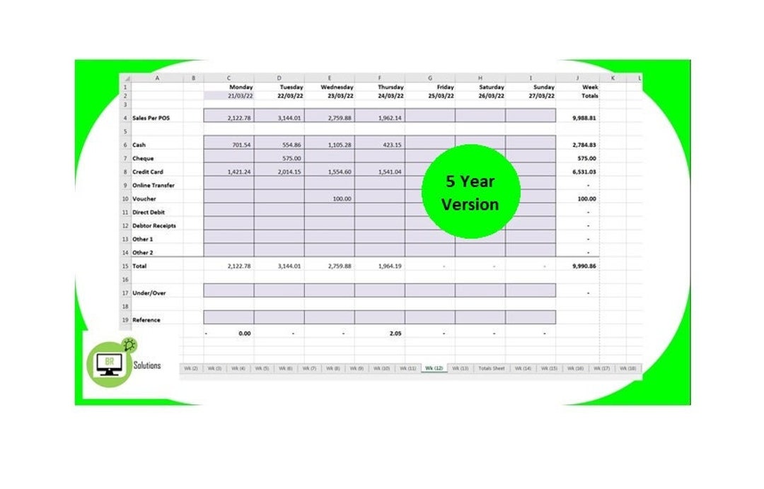 Lodgement & Takings 5 Year Tracker Excel Template for Small Businesses ...