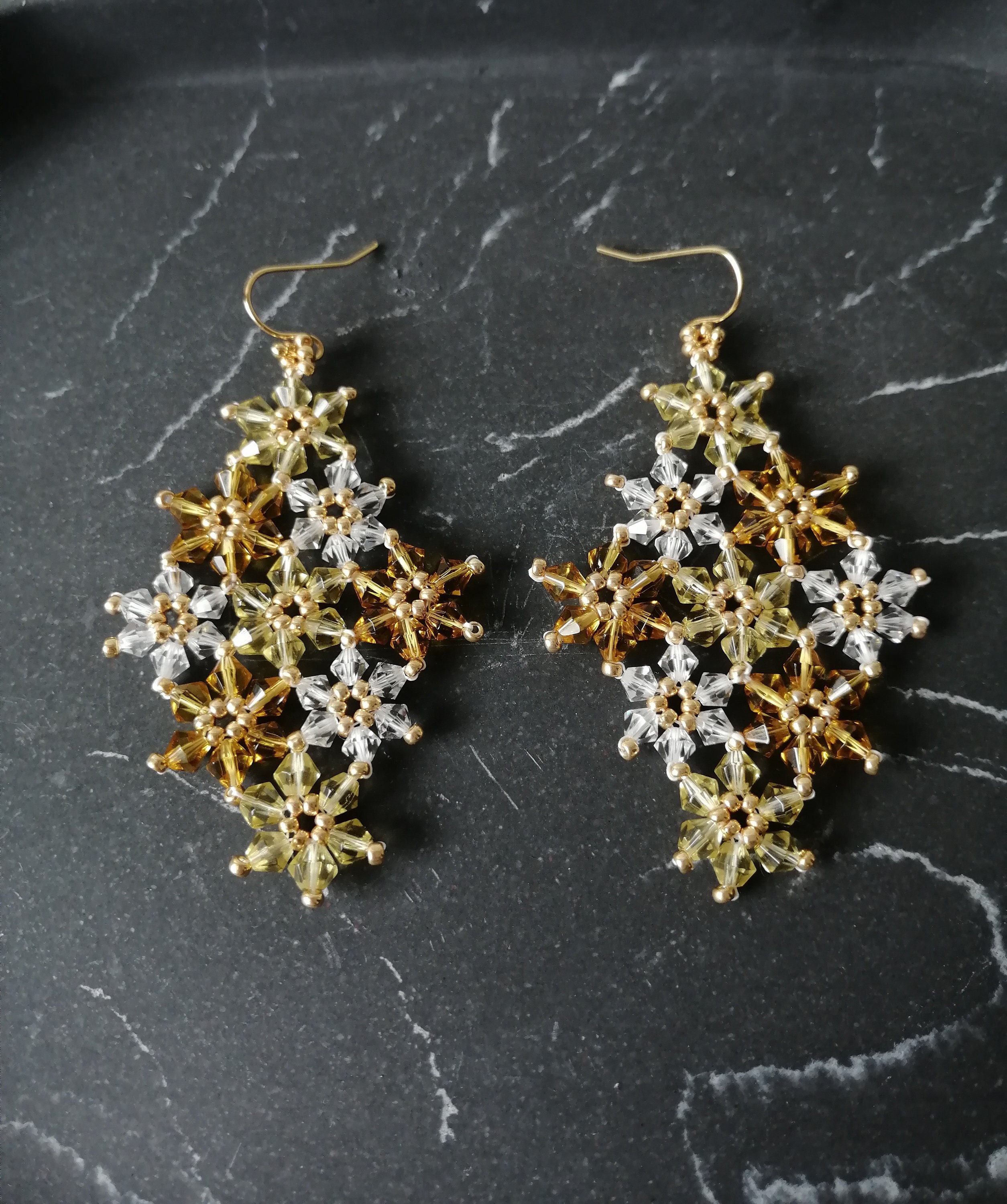 Swarovski Gold Bicone Yellow Clear Glass Beads Beaded Dangle Long Drop ...