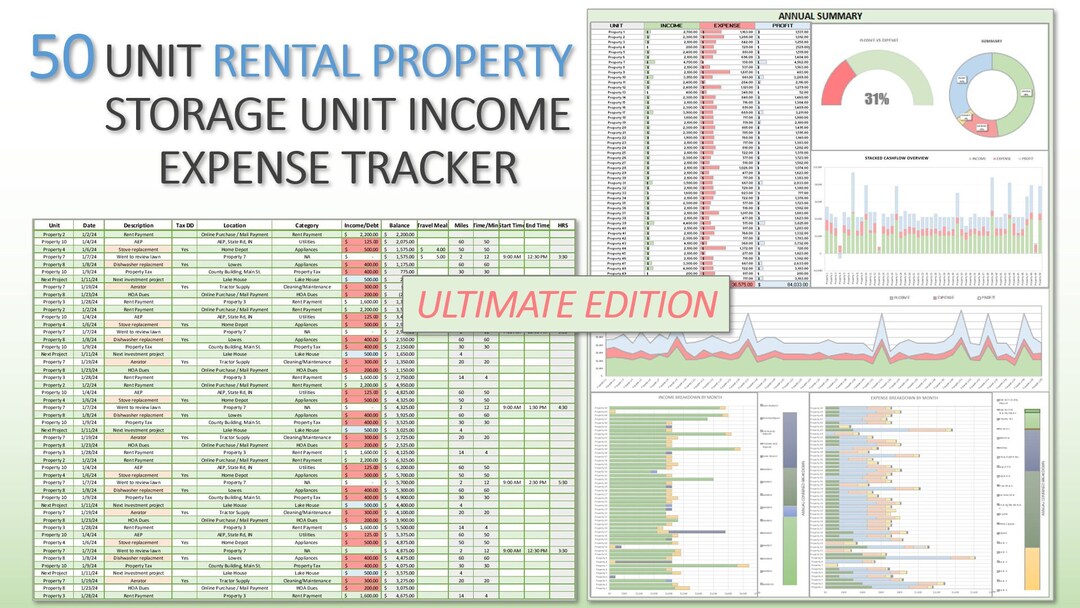 50 Unit Rental Property or Storage Unit Income & Expense Tracker ...
