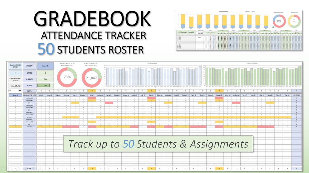 GRADEBOOK 50-student's Roster & Assignments | Attendance Tracker - Etsy ...