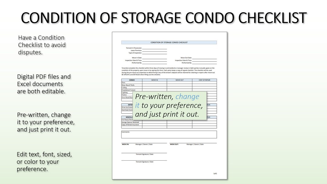 Condition of Storage Condo Checklist - Etsy