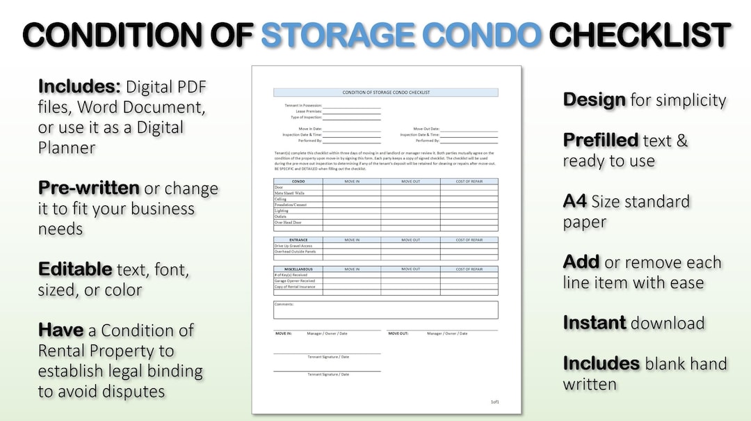 Condition of Storage Condo Checklist - Etsy
