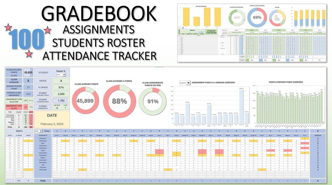 100-student's Roster & Assignments Ultimate Gradebook | Report Card ...