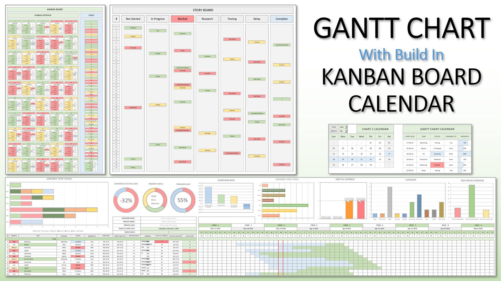 Gantt Chart With Built in Kanban Board Calendar - Etsy