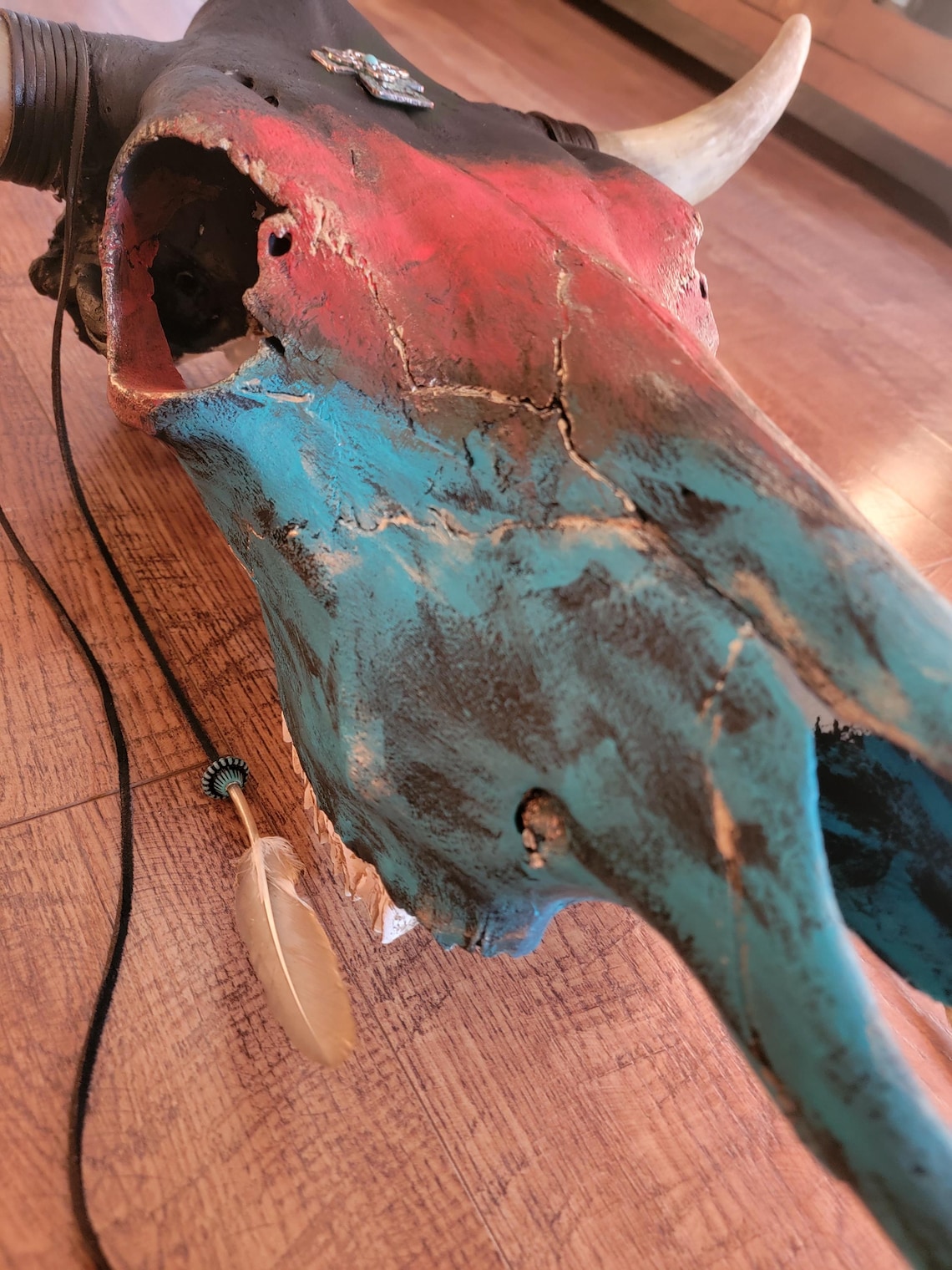 Hand Painted Real Cow Skull With Horns Native American Style - Etsy