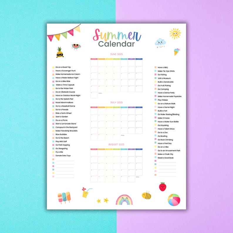 2025 Summer Bucket List Calendar for Kids – Printable Checklist (PDF ...