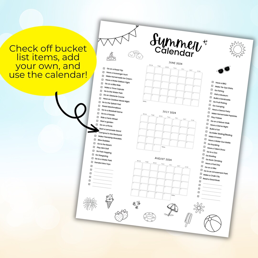 Summer Bucket List Calendar for Kids Summer Bucket List Printable ...