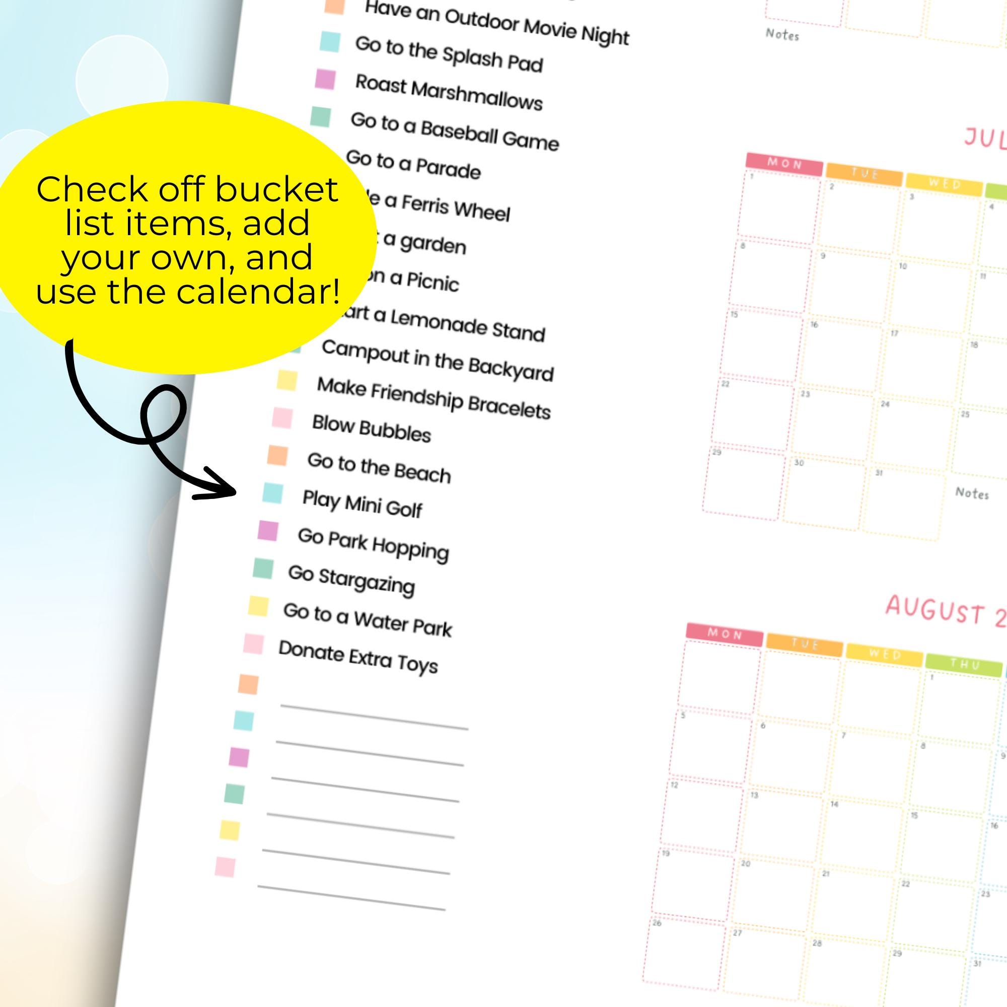 2025 Summer Bucket List Calendar for Kids – Printable Checklist (PDF ...