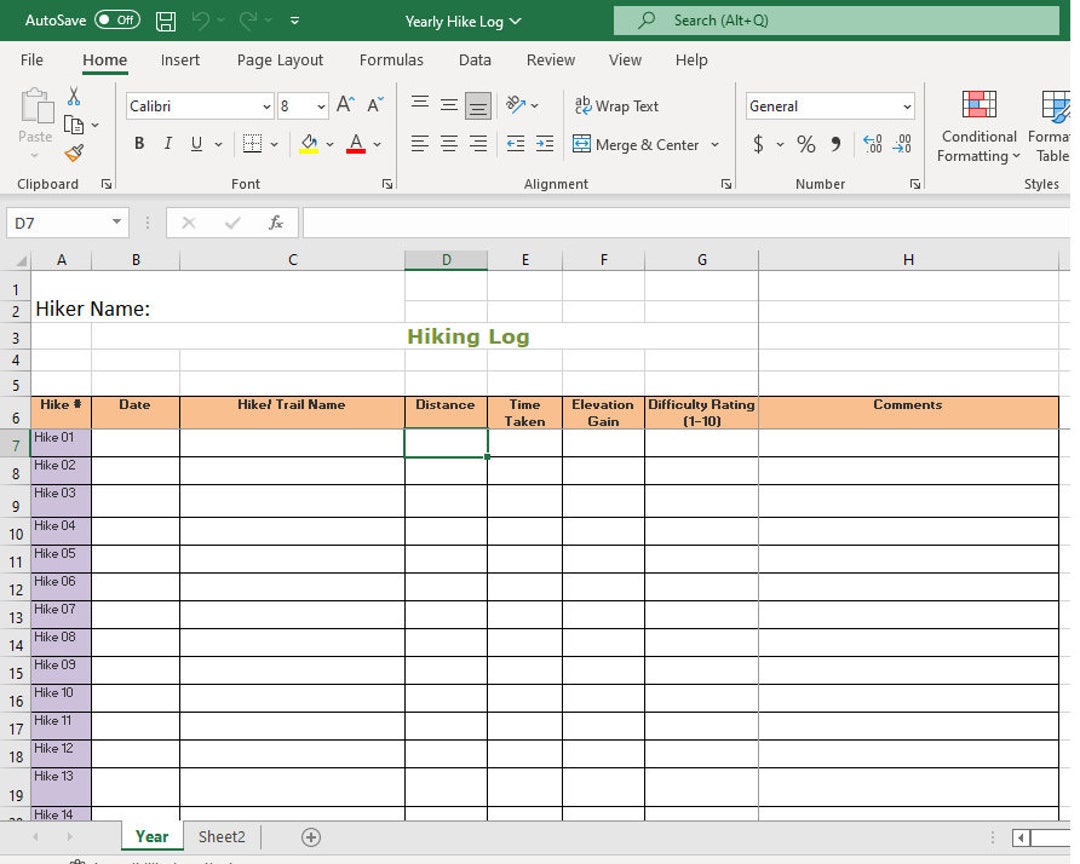 Yearly Hike Log Spreadsheet - Etsy