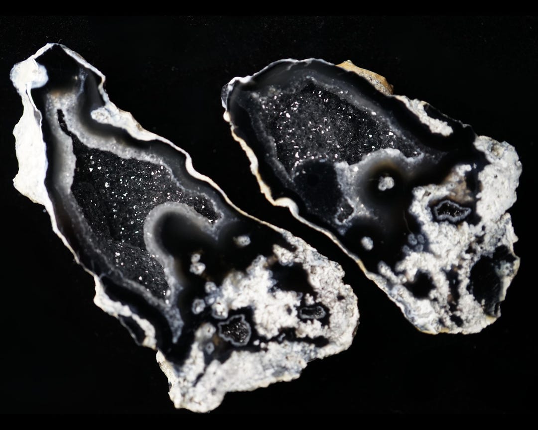 RARE Agatized Coral Geode Pair Black Druzy Specimen Cut & Polished Uv ...