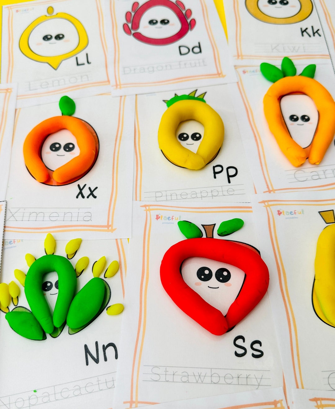 Alphabet Playdough Mats, Play Doh Cards, Fruit and Veggie Playdough ...